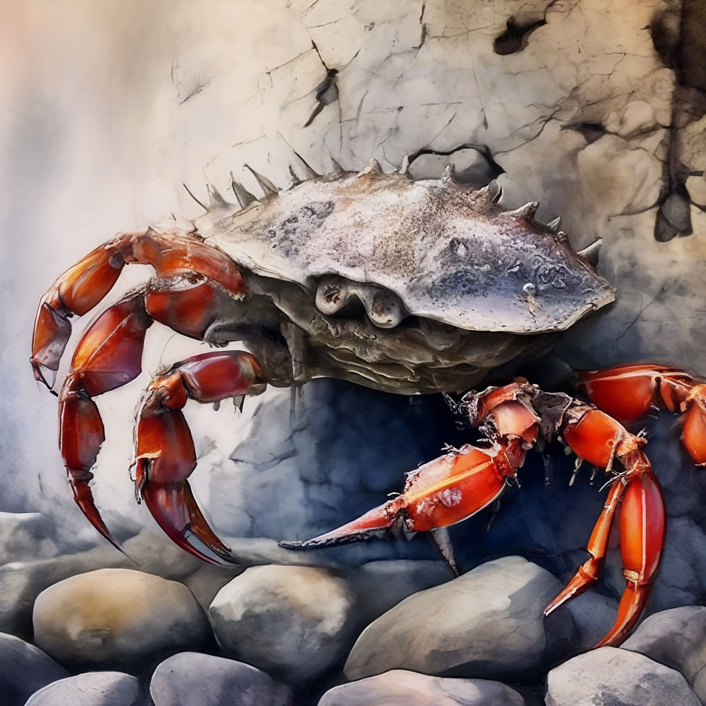 "Watercolor, grotesque, grunge, aesthetics, a crab crawls along a wall ...