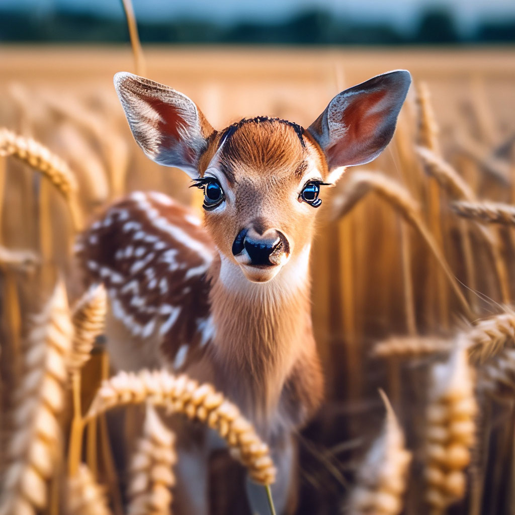 "There is a cute fawn in a wheat field, beautiful eyes, realistic ...