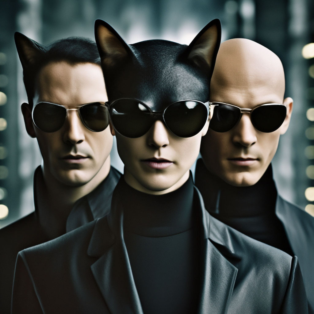 "Three cats in the matrix style,Neo with glasses,trinity with bust ...