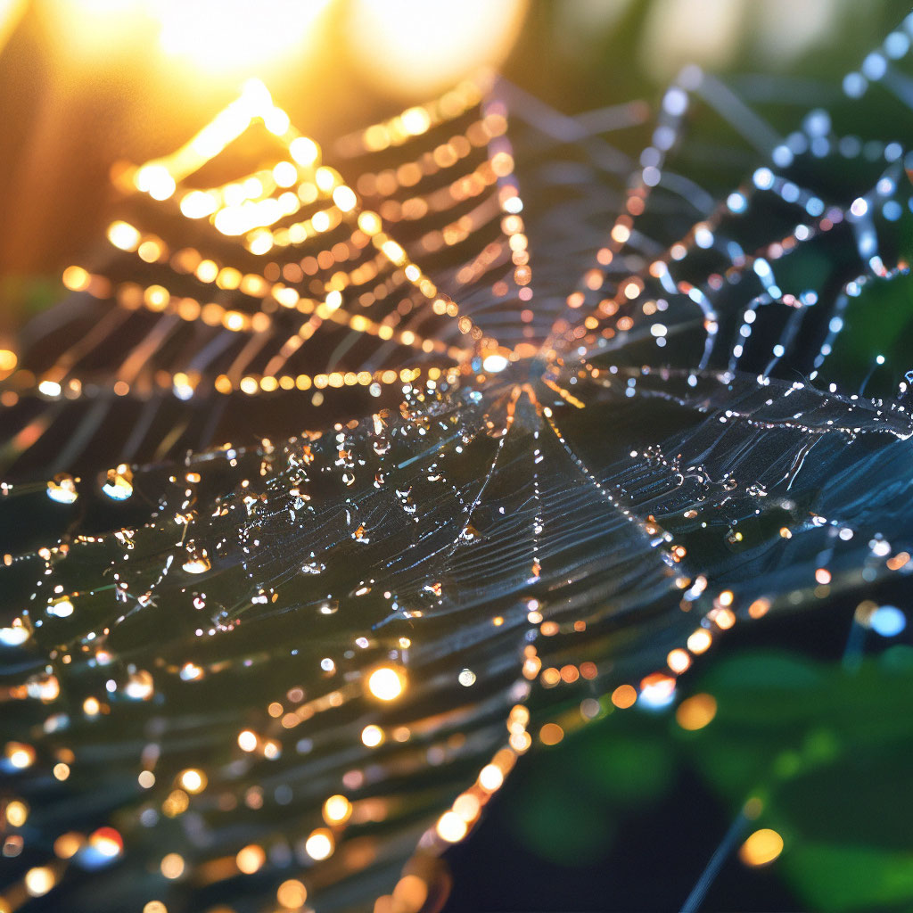 "Spider web+ dew drops, sun rays, realistic, close-up, besk, glare ...
