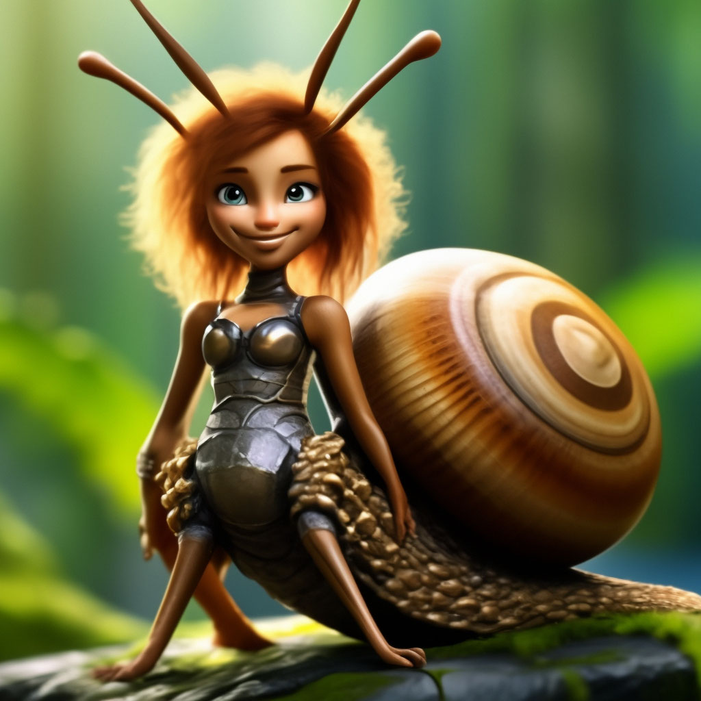 "Furry snail girl, big shell, long legs, smile, boobnaked detailed ...