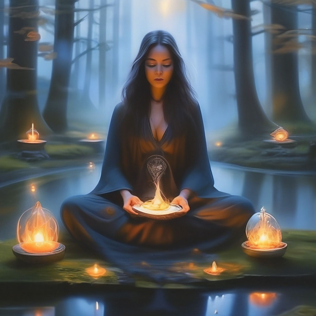 "Witch, meditation, nature" — image created in Shedevrum