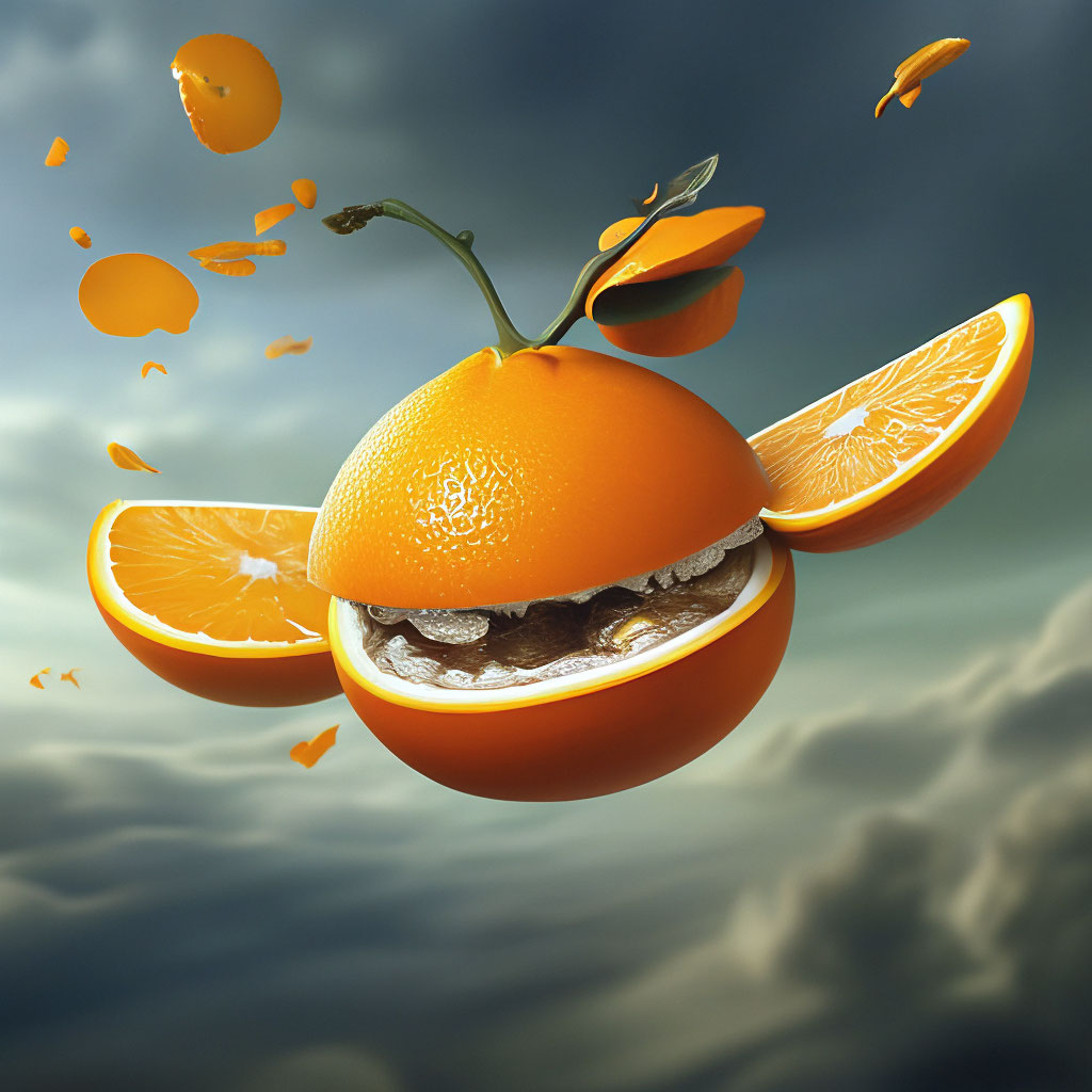 "A flying mad orange with a torn lip" — image created in Shedevrum