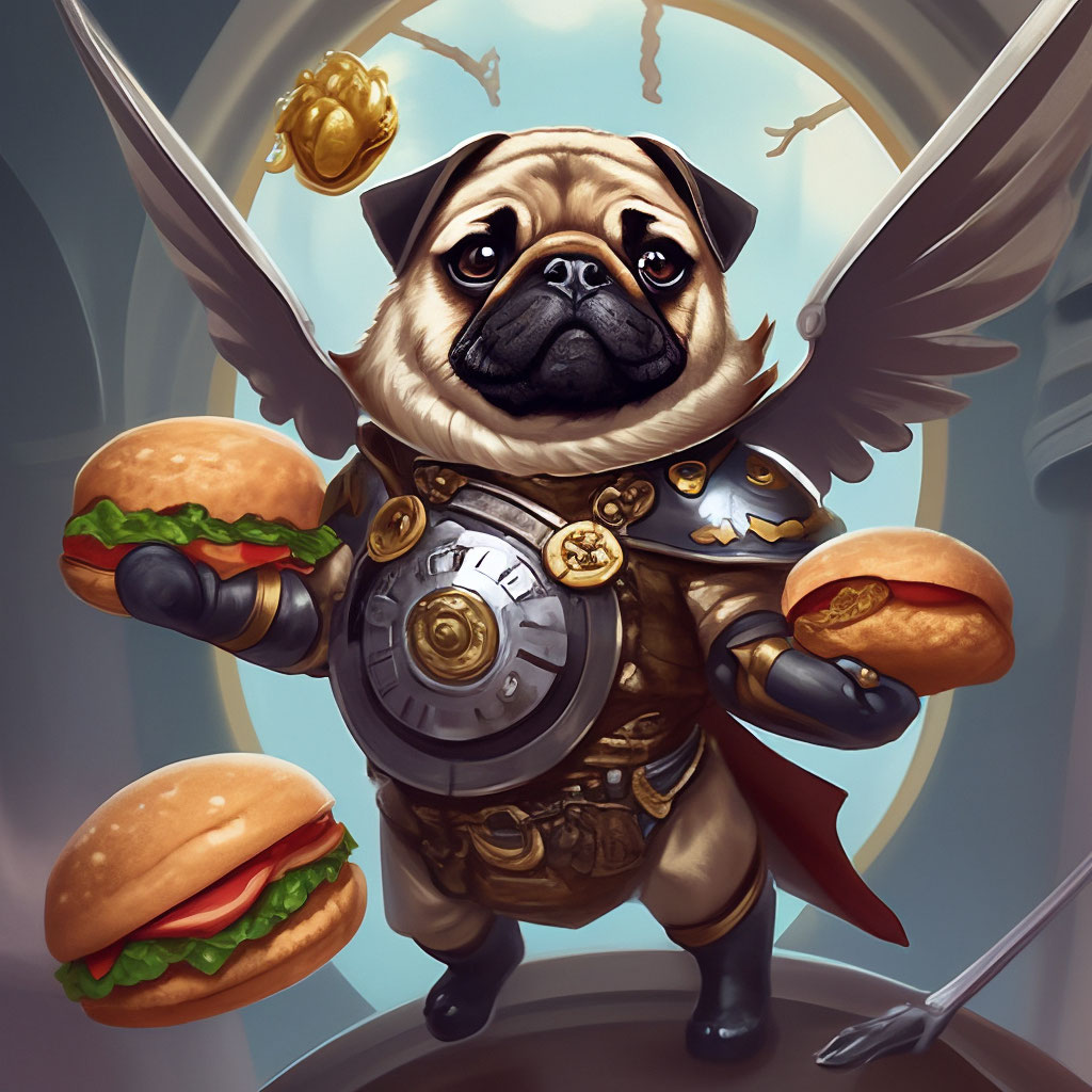 "A flying pug in armor with a sword and shield and hamburgers in his ...