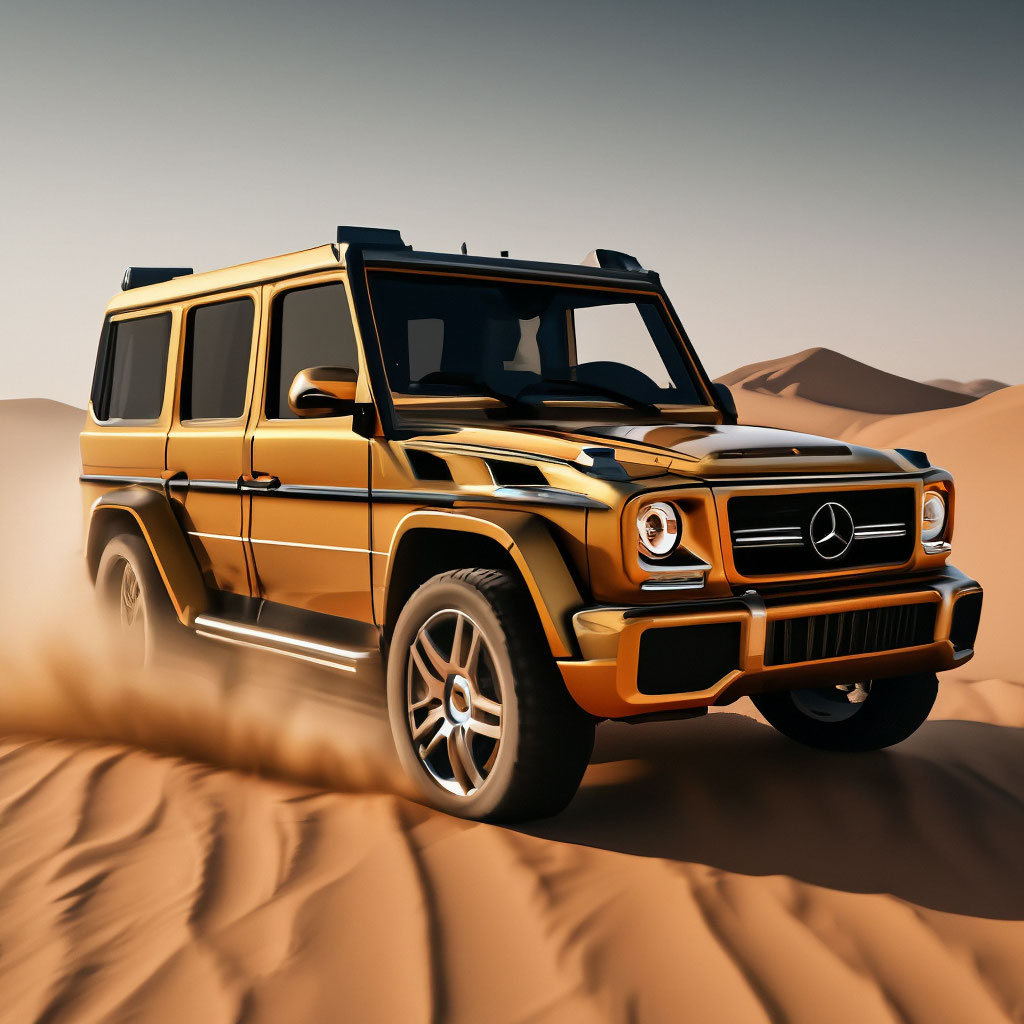 "Mercedes gelik in the desert is realistic" — image created in Shedevrum
