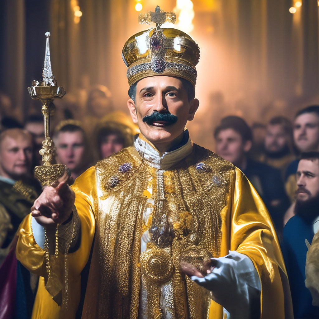 "A man in royal clothes, with sideburns and mustache, gold, glitter ...