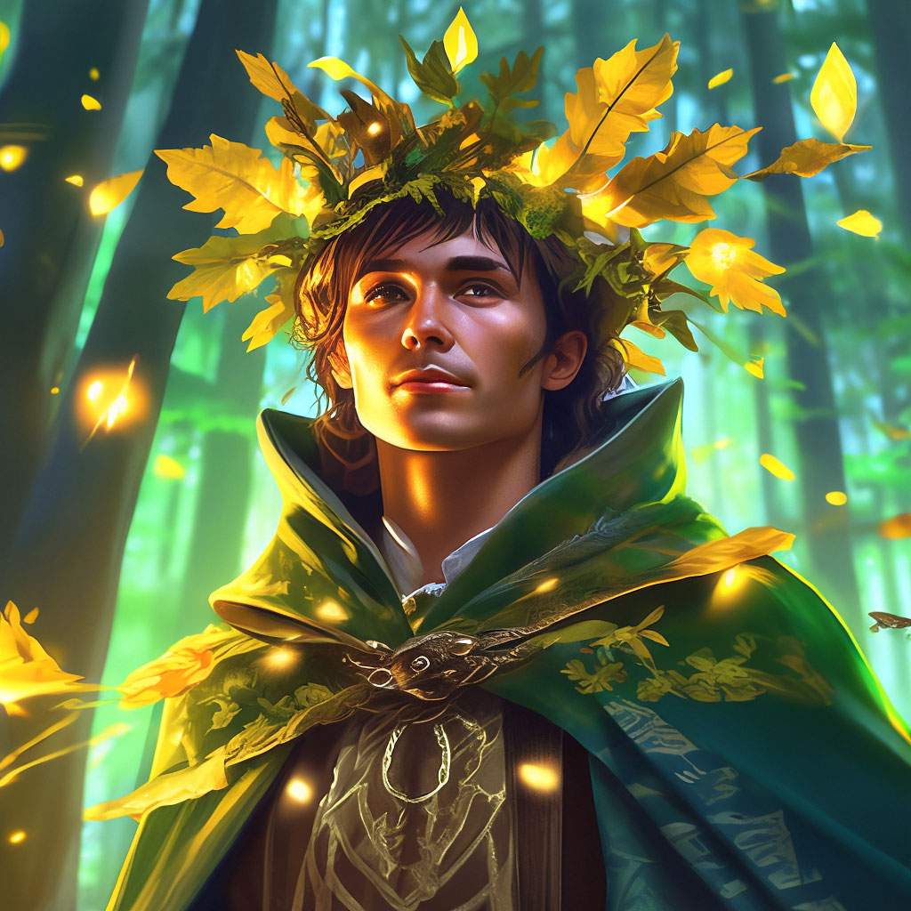 "A forest sorcerer with green eyes, a druid, a crown of tree branches ...