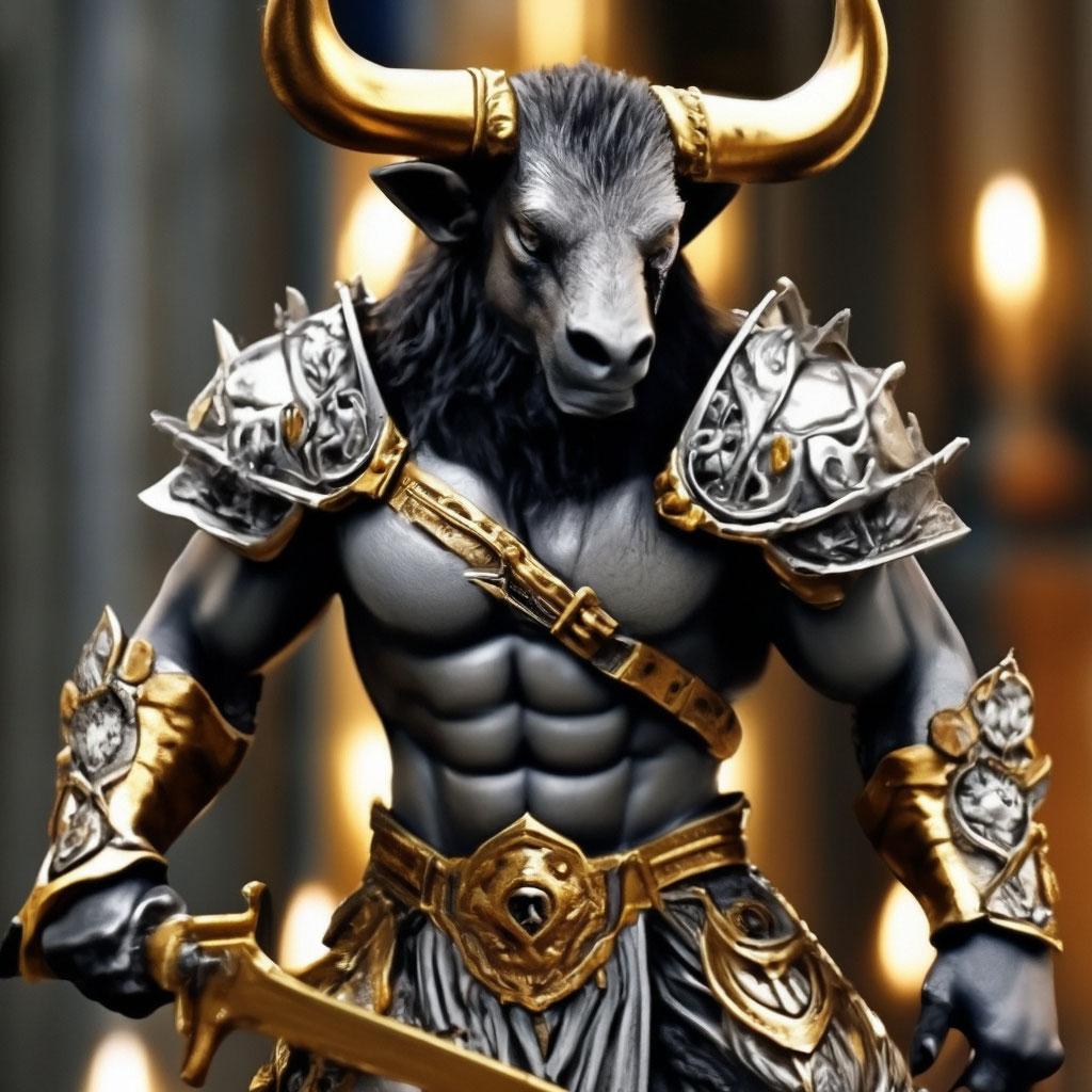 "Full-length collectible figurine: minotaur with a two-handed axe cast ...