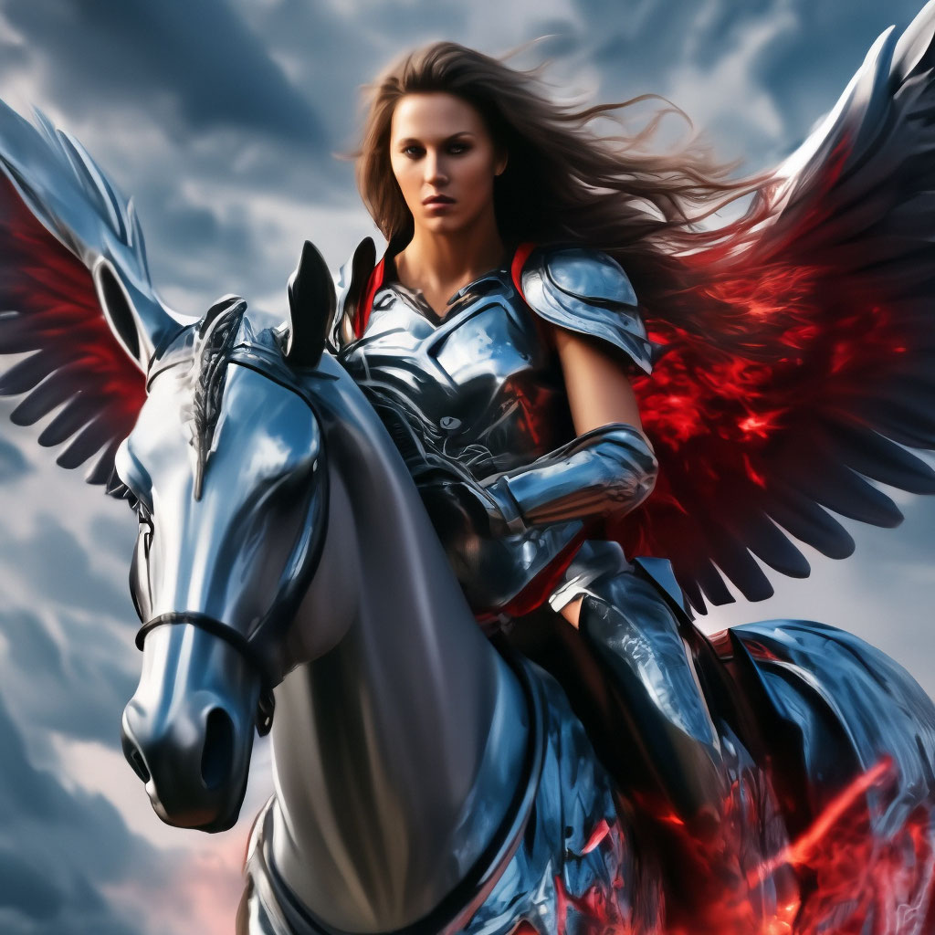 "A beautiful Valkyrie sits on a Pegasus, silver sparkling frost, clouds ...