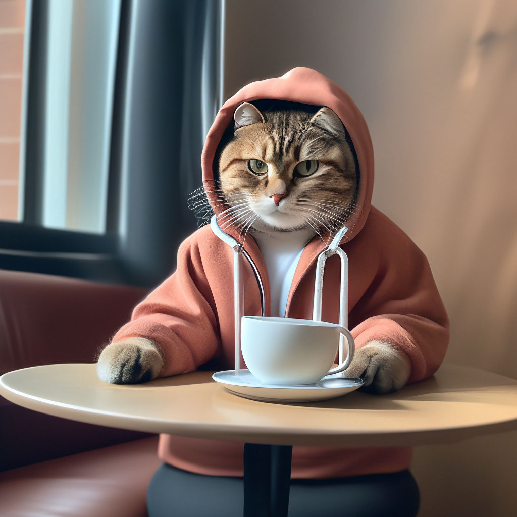 "A brooding cat in headphones and a hoodie is sitting at a table and ...