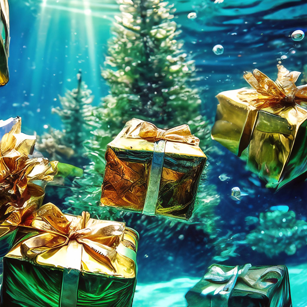 "Under ocean Christmas tree presents, drop up detailed drawing ...