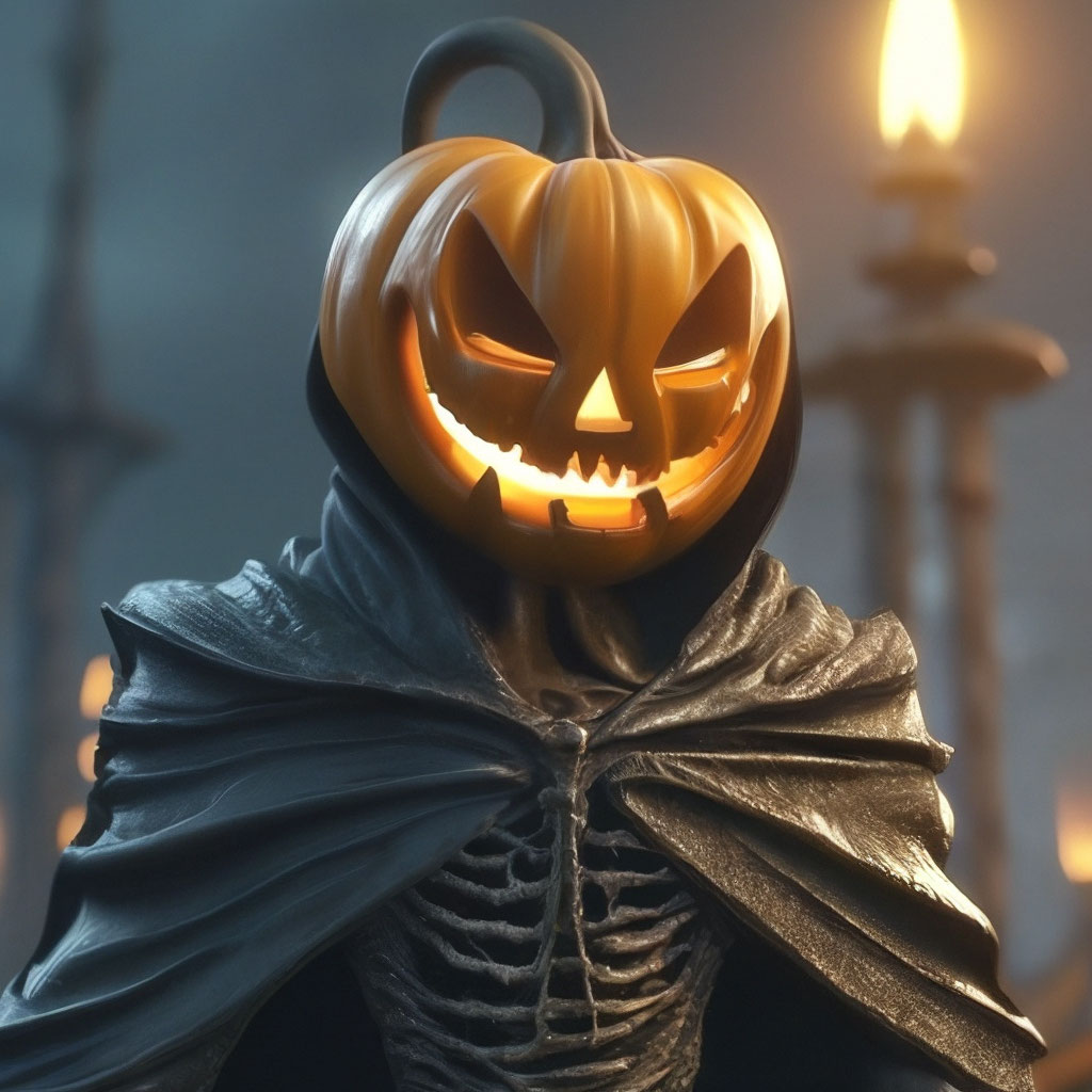 "Halloween, pumpkin man, pumpkin head, smiling, black cloak,skeleton ...