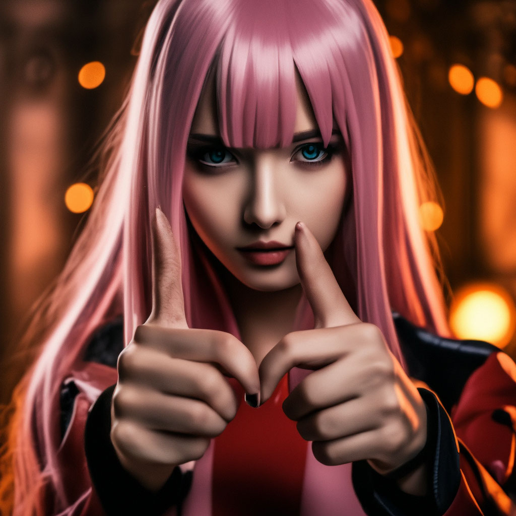"Zero Two from the anime Darling in the Franxx показывает пальцами двух ...