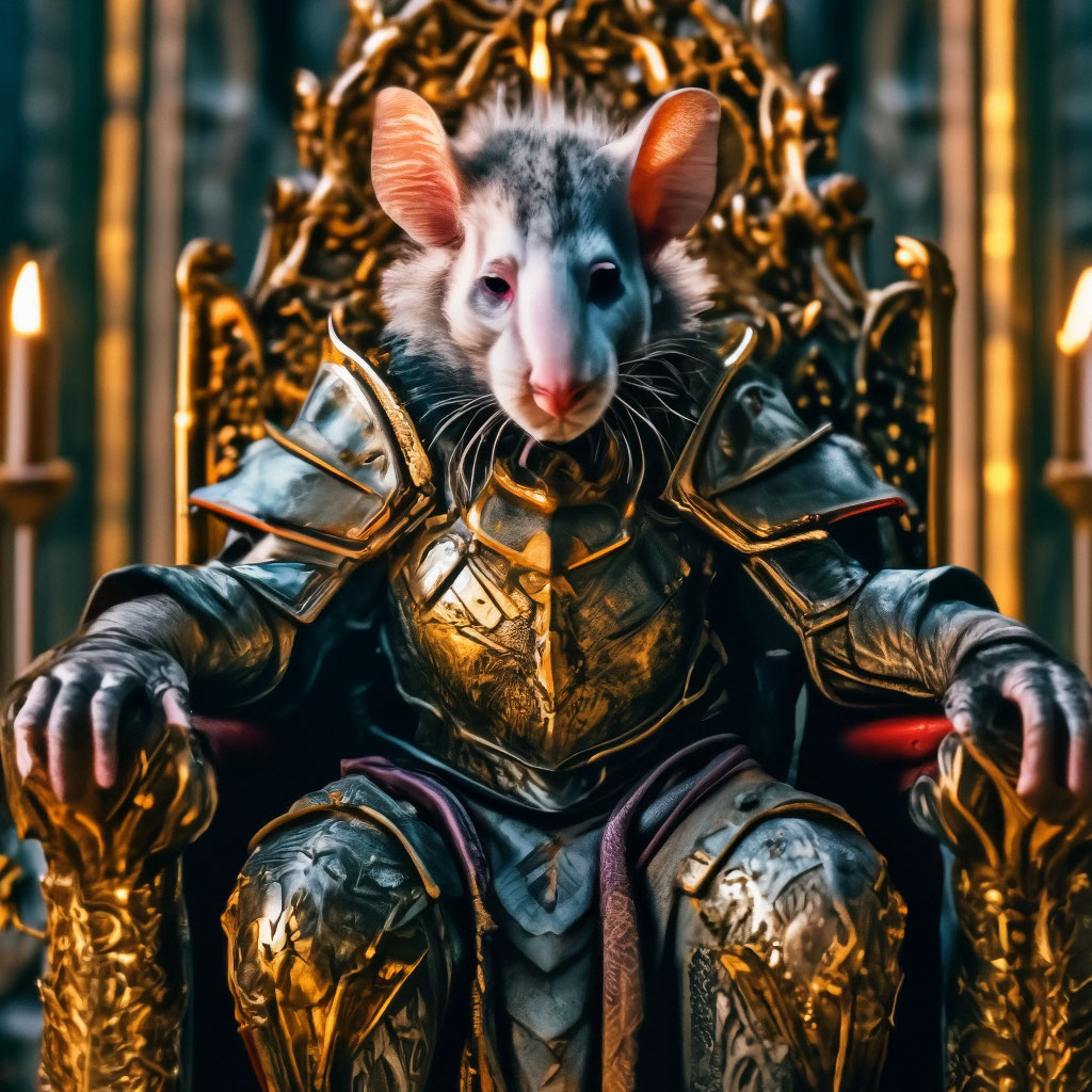 "A huge rat king in armor and a crown sits in the darkness on a ...
