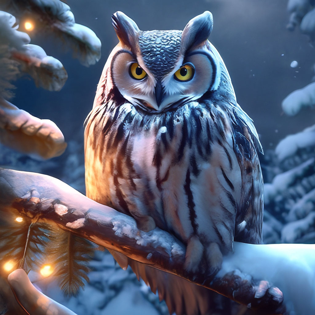 "Winter, dark night,night owl on a pine branch, luminous eyes, realism ...