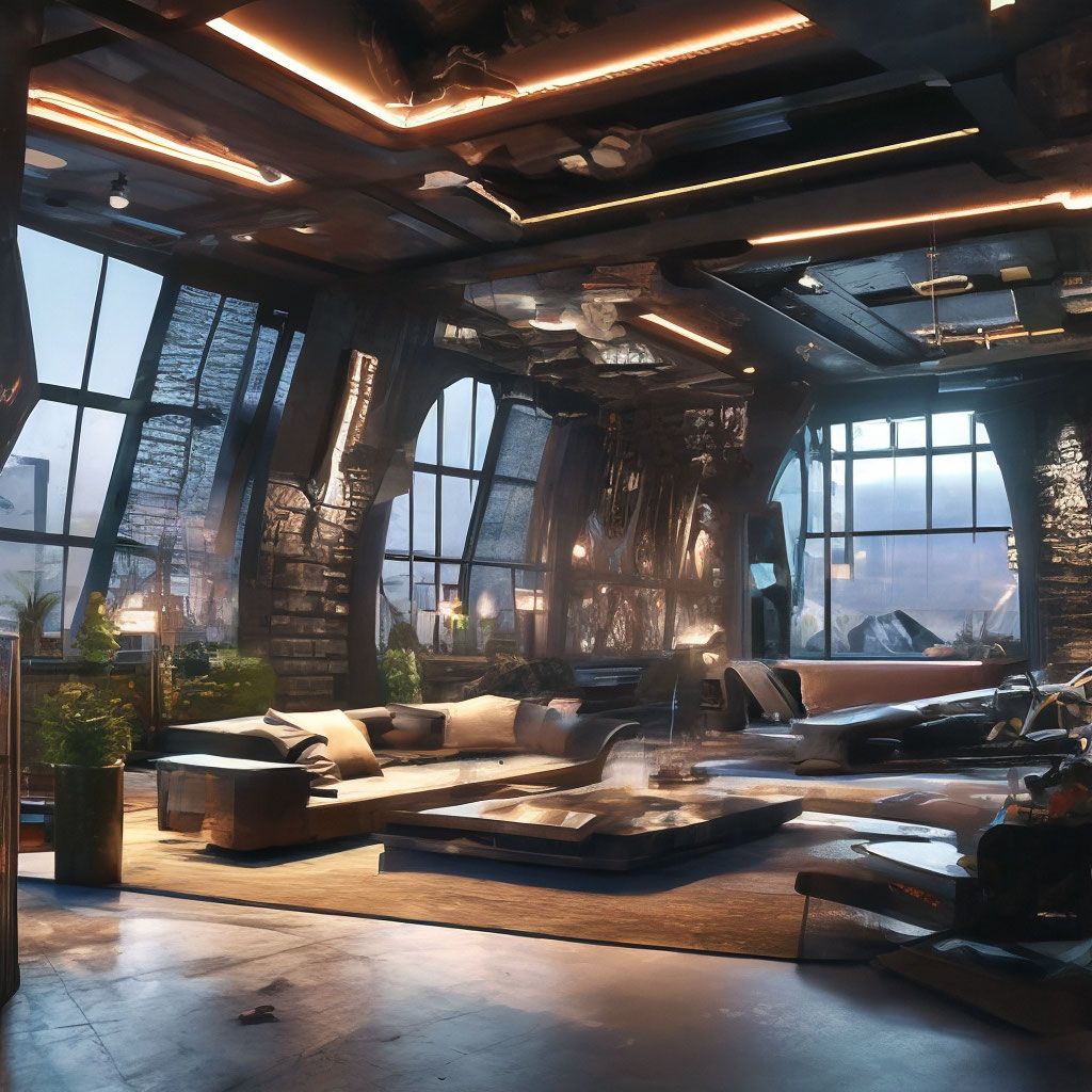 "Cyberpunk batcave loft interior, 8k detail" — image created in Shedevrum