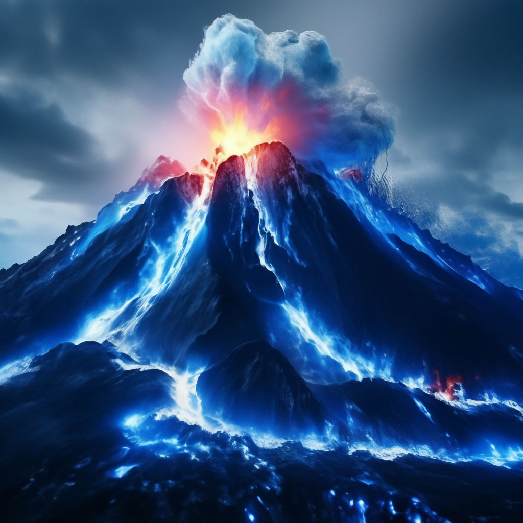 "Volcanic eruption, blue lava" — image created in Shedevrum