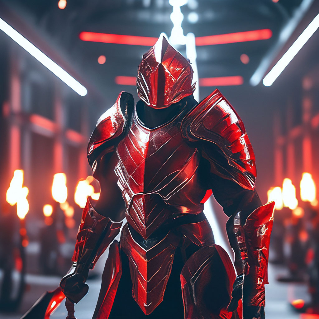 "A red guardian in advanced armor of the future made of red metal, with ...