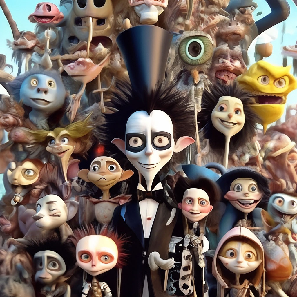 "Tim Burton cartoons, lots of characters, hyperdetalization, 3d ...