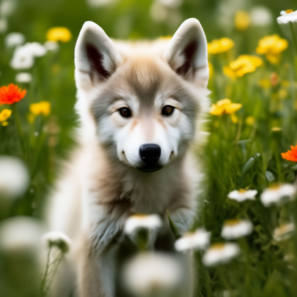 "A white fluffy wolf cub in a meadow of flowers" — image created in ...