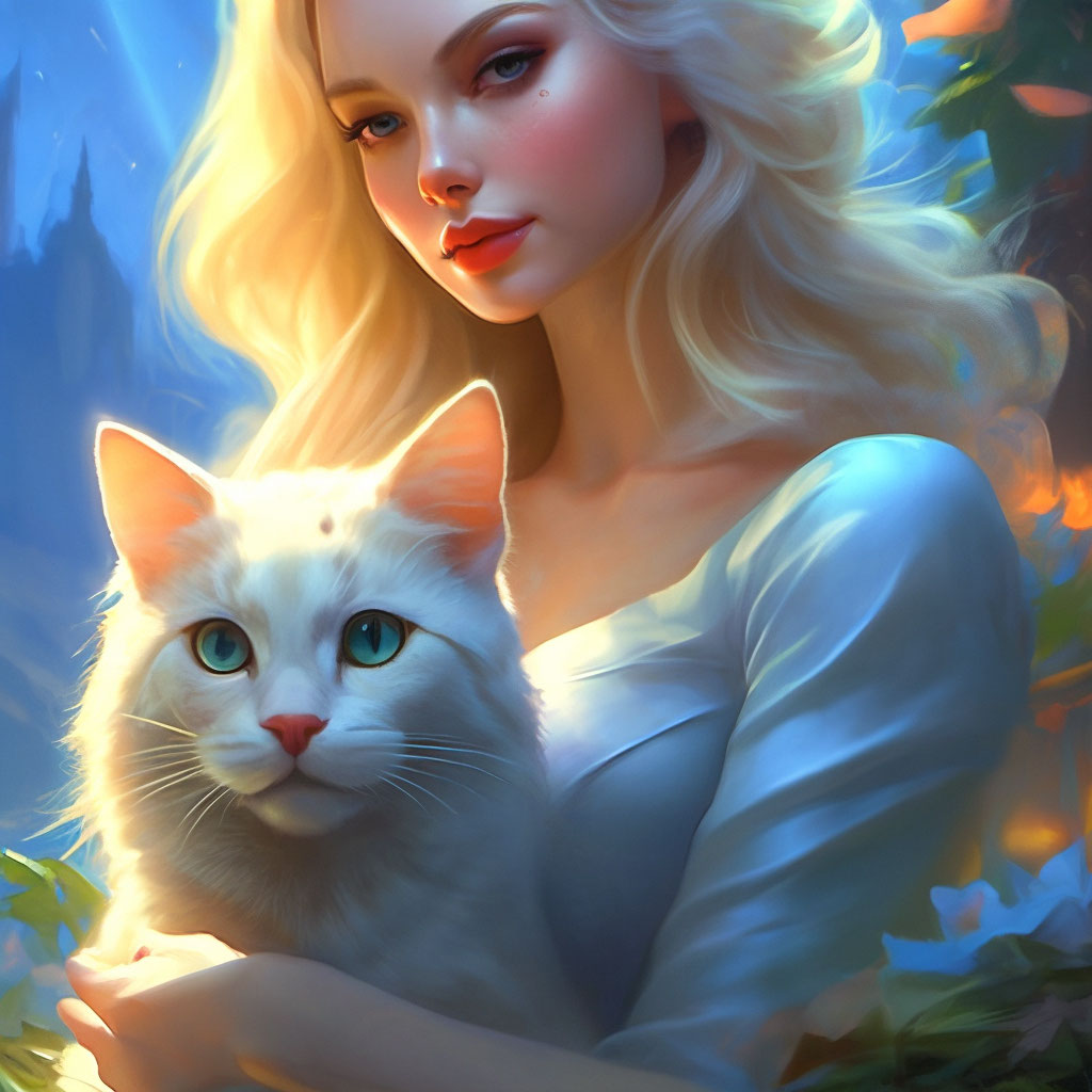 " Art by Artgerm,Alphonse Mucha. beautiful blonde girl & beautiful cat ...