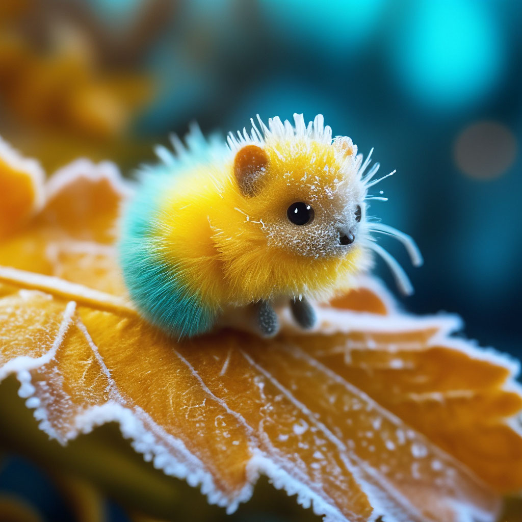 "Microscopic cute tiny gentle fluffy creature, sitting on a leaf ...