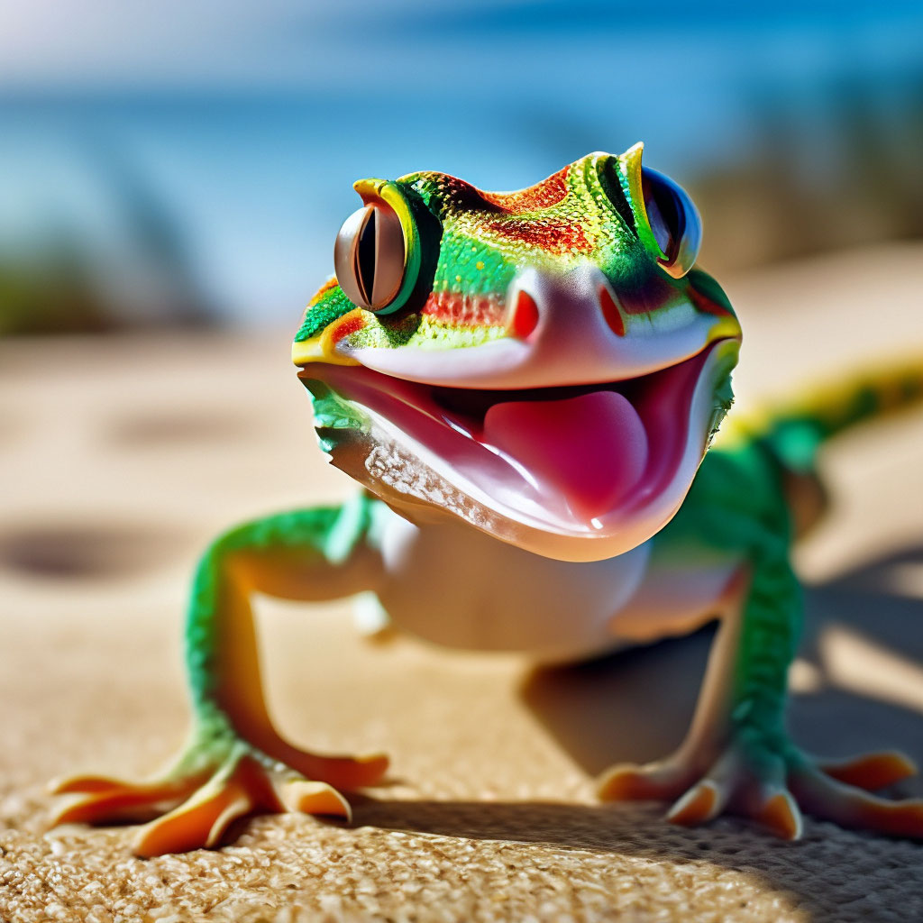 "An emerald real gecko, a nimble lizard with its tail upturned on a ...