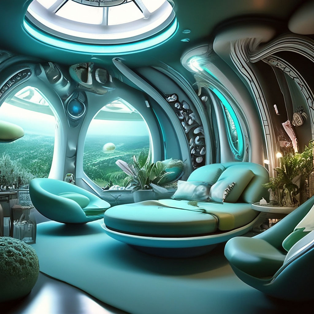 "Cozy room, xenodesign, marine colors, matte, alien style, xenoflora ...