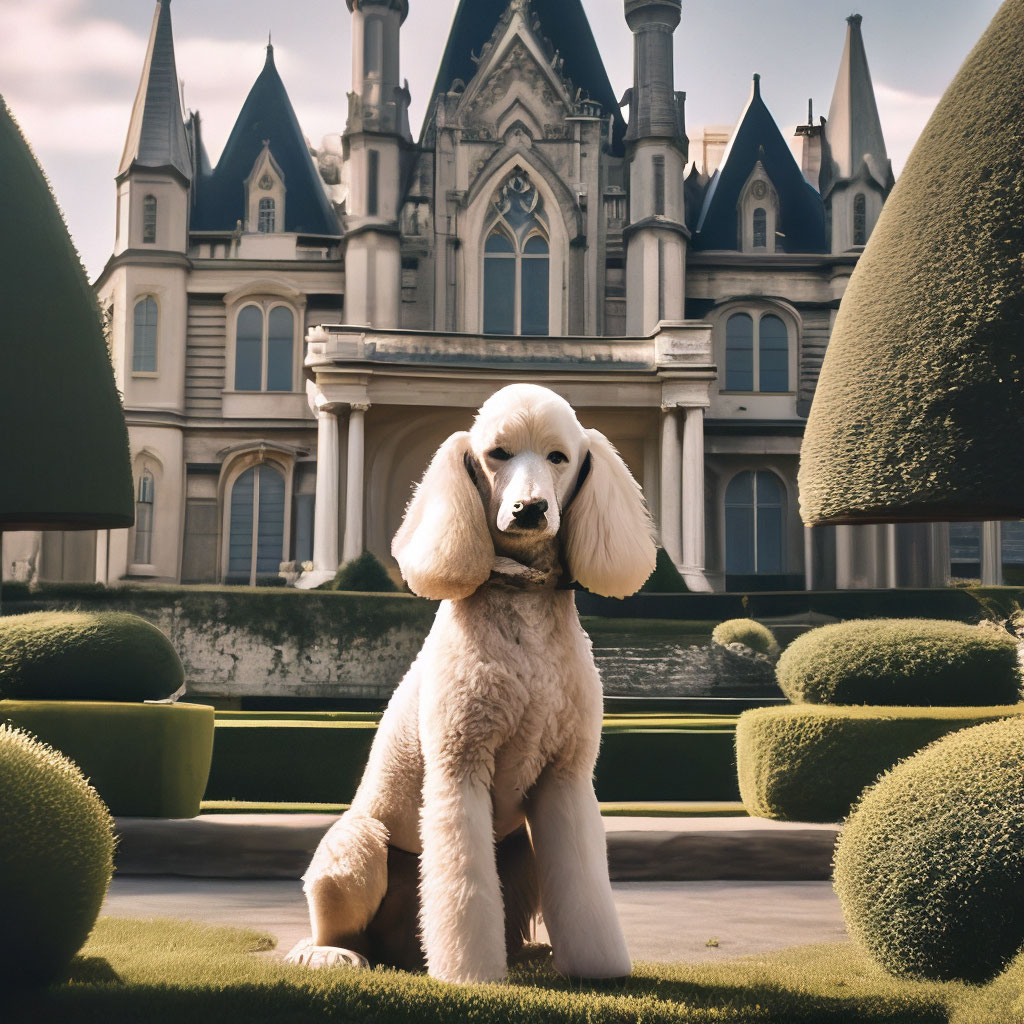 "Beige poodle, sitting on the background of a gothic estate, beautiful ...