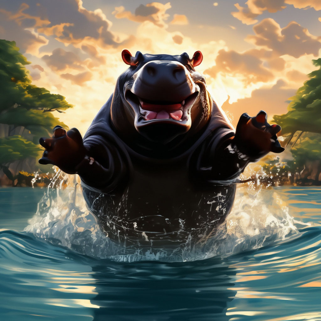 "The hippo's jump into the water, in the style of a Japanese manga ...