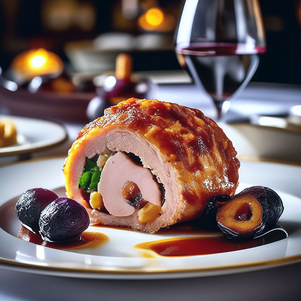 "Pork roll with prunes,serving in a restaurant, beautiful appliances ...