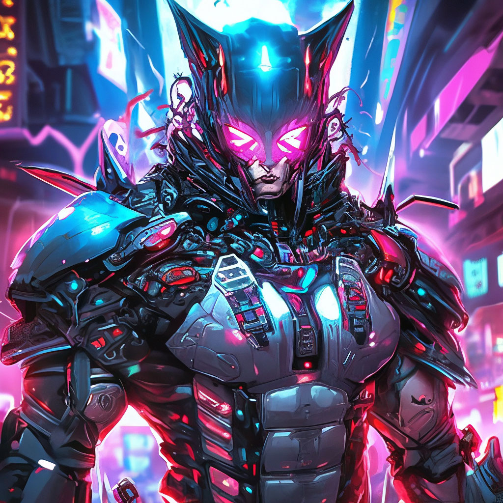"Cyberpunk, juicy, art, ghost in armor, fangs, claws, cybernetic hero ...