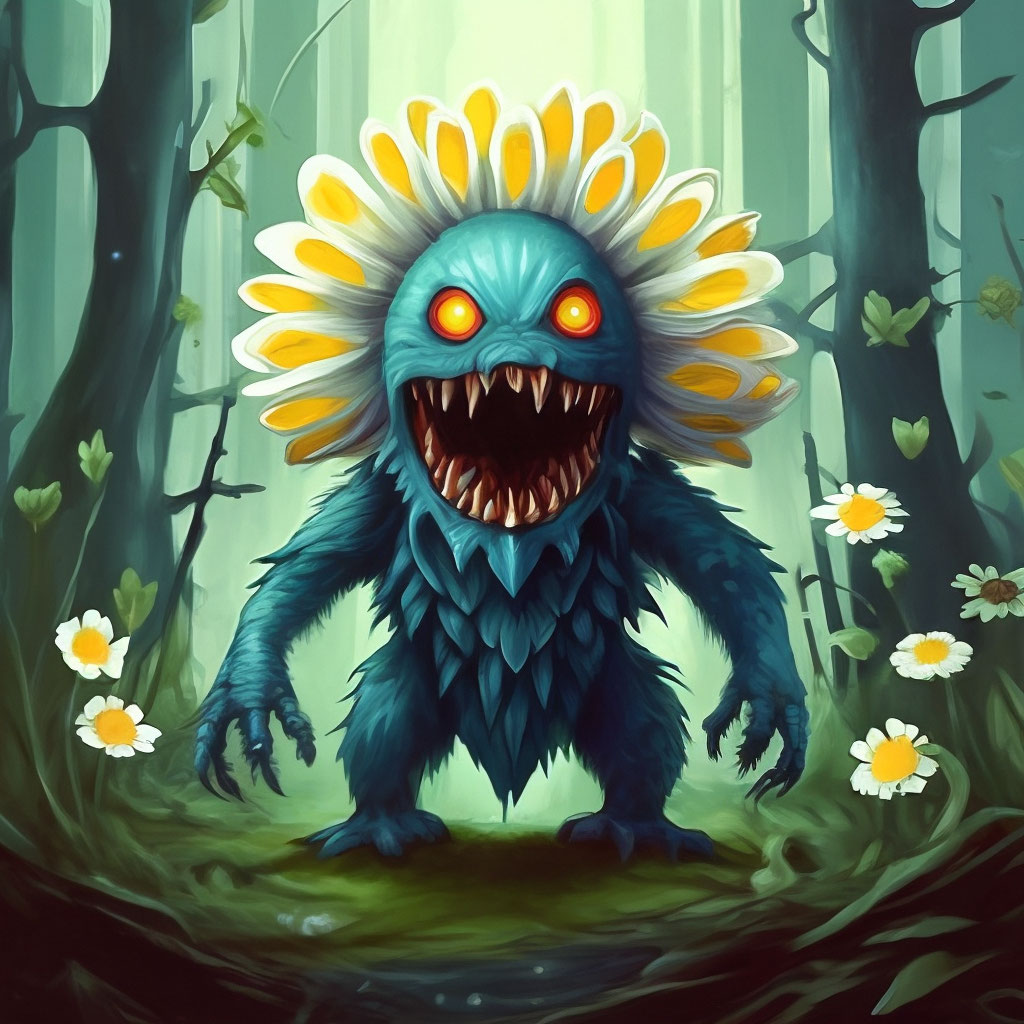 "Flower monster, chamomile monster,against the background of a scary ...