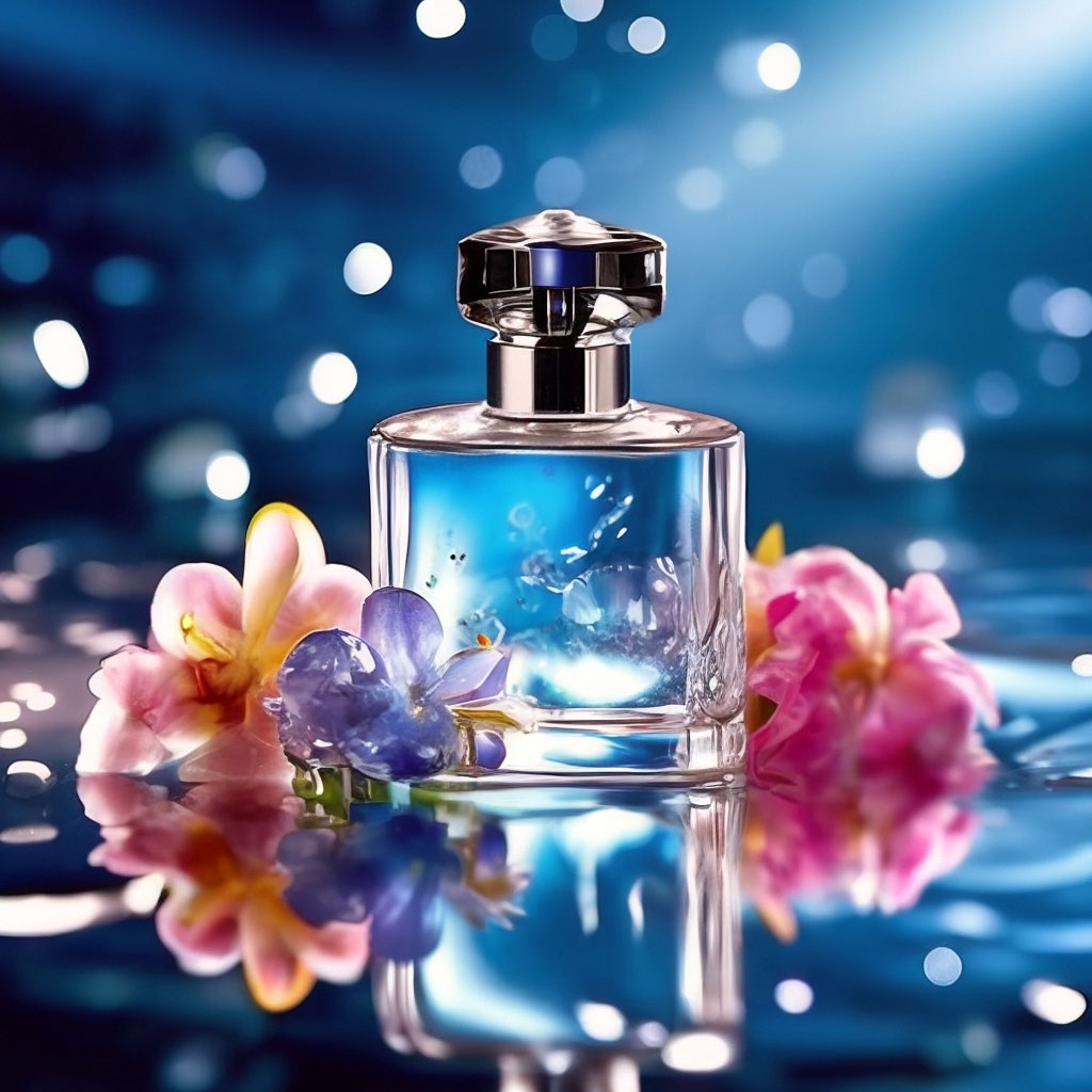 "Product photography, perfume bottle, lying on the water surface, with ...