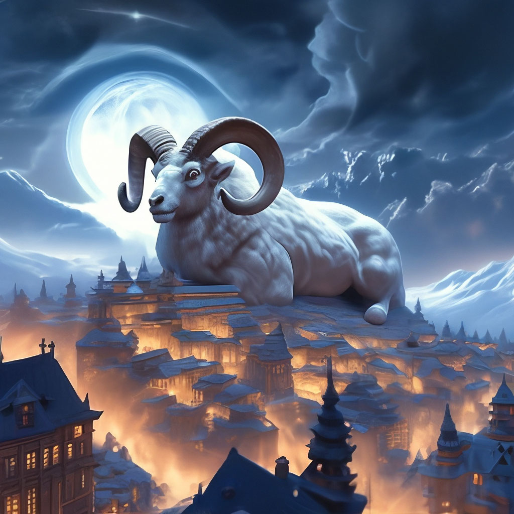"A look up through tall houses at an incredibly huge sleeping ram the ...