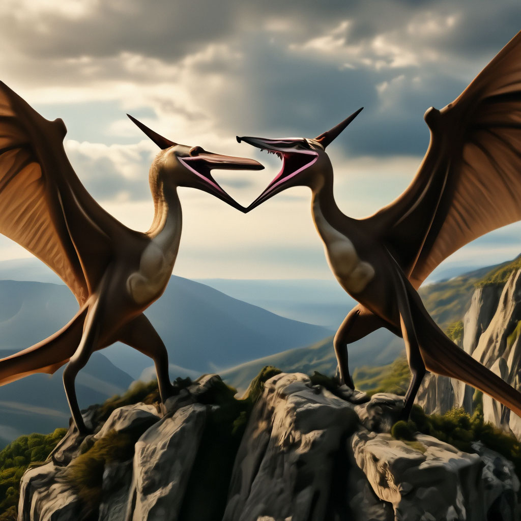 "Ultra-detailed, the fight of two pterodactyls on top of a cliff, bites ...