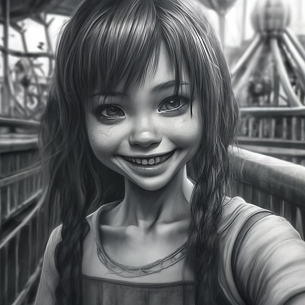 "Girl in an abandoned amusement park close-up face, horror anime ...