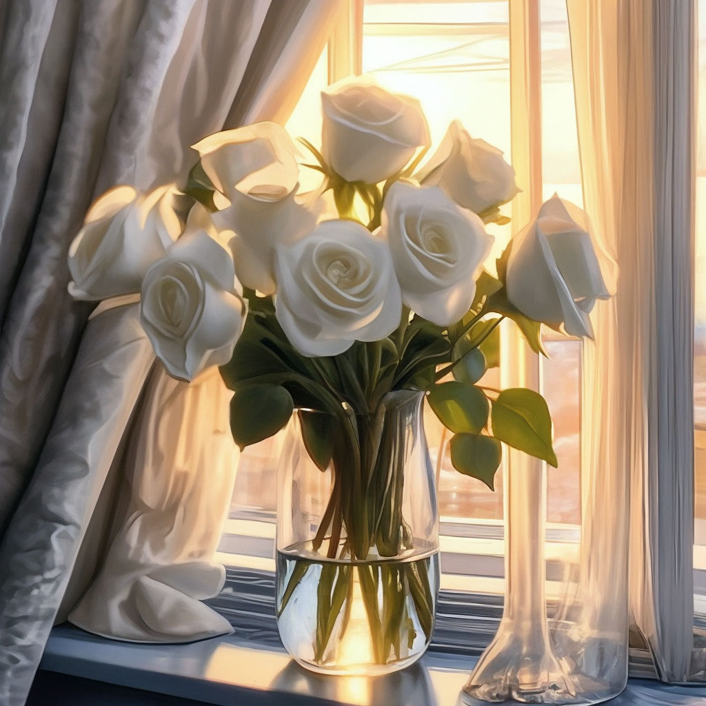 "White roses in a crystal vase on the window with beautiful curtains ...