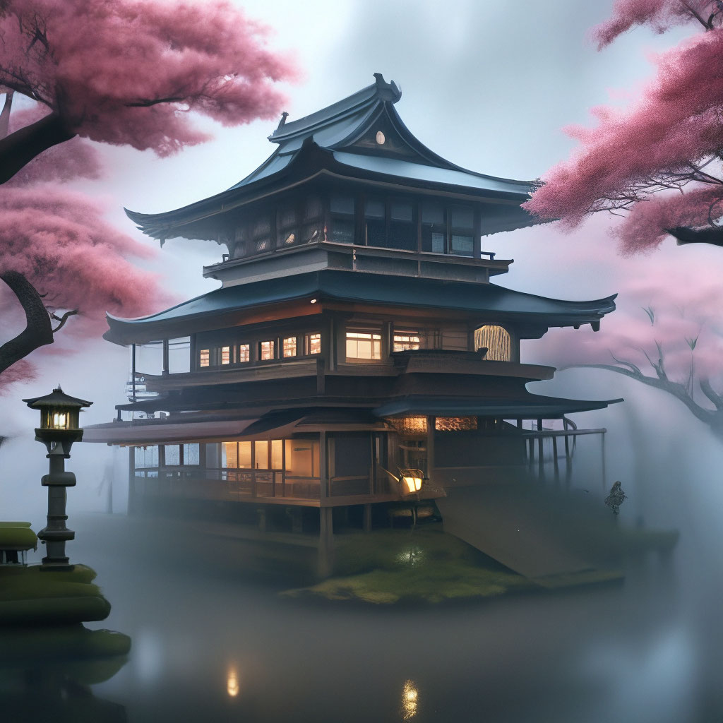"Traditional Japanese house standing in the middle of sakura in the fog ...