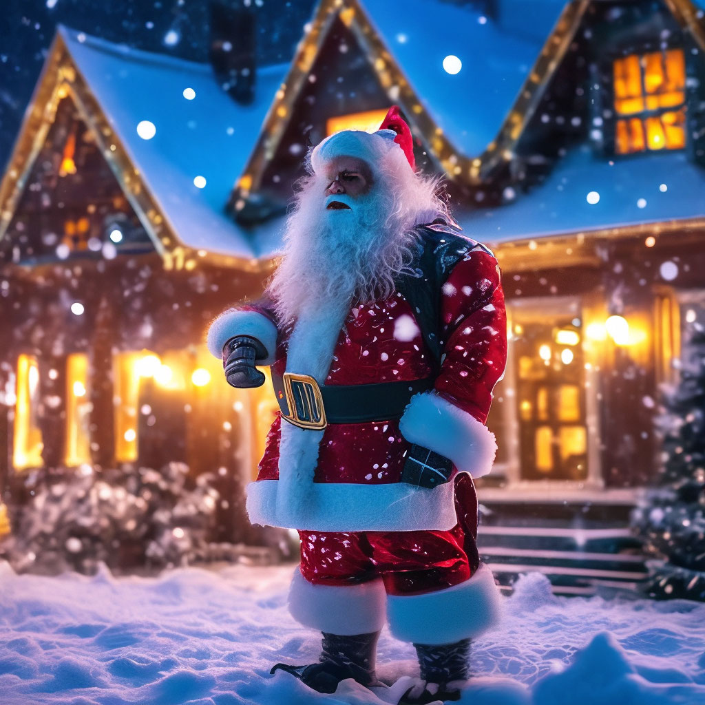 "Santa Claus is standing near the New Year's house, evening, frost, art ...