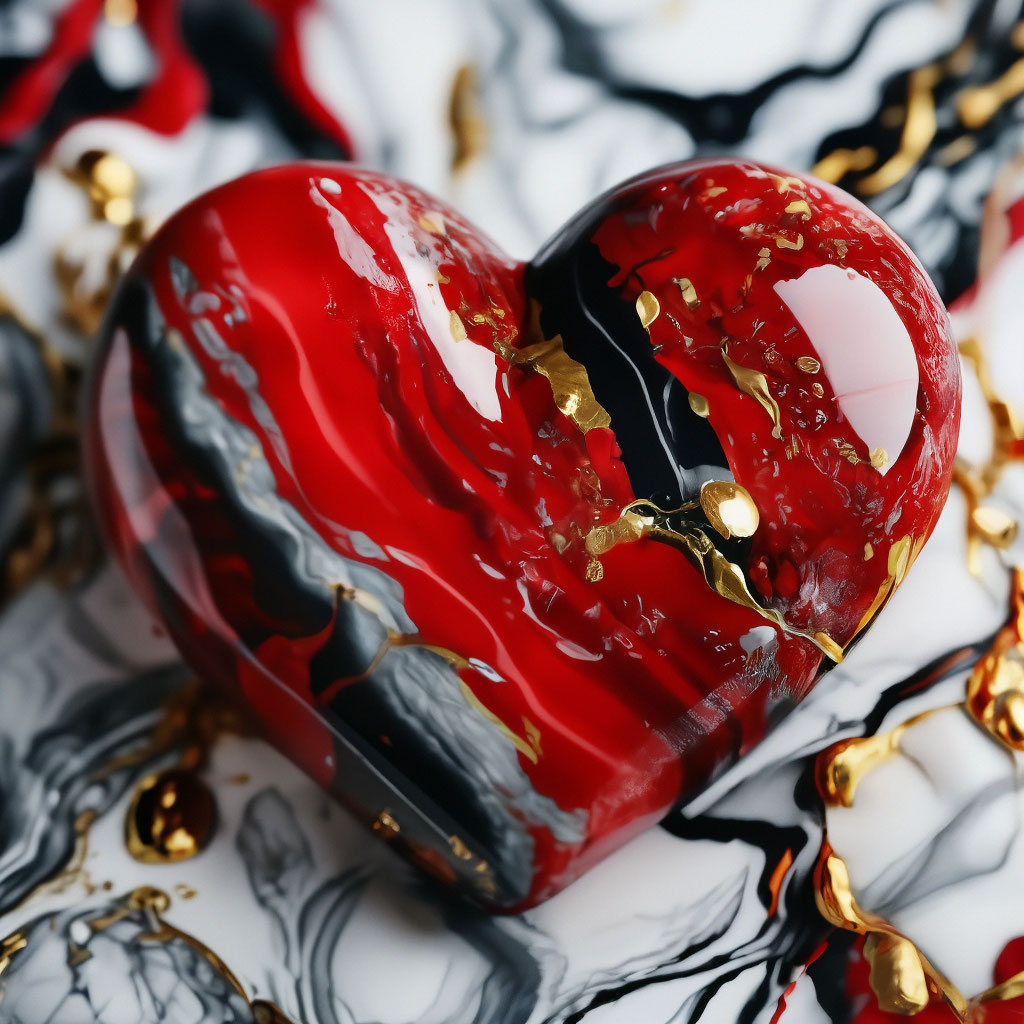 "Red heart white and black marble, gold splashes, glow, theater ...