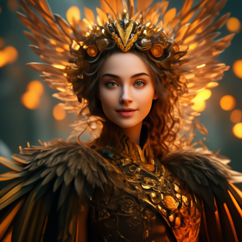 "Sirin bird, mythical creature, kind, smiling, bioluminescence, 3d ...