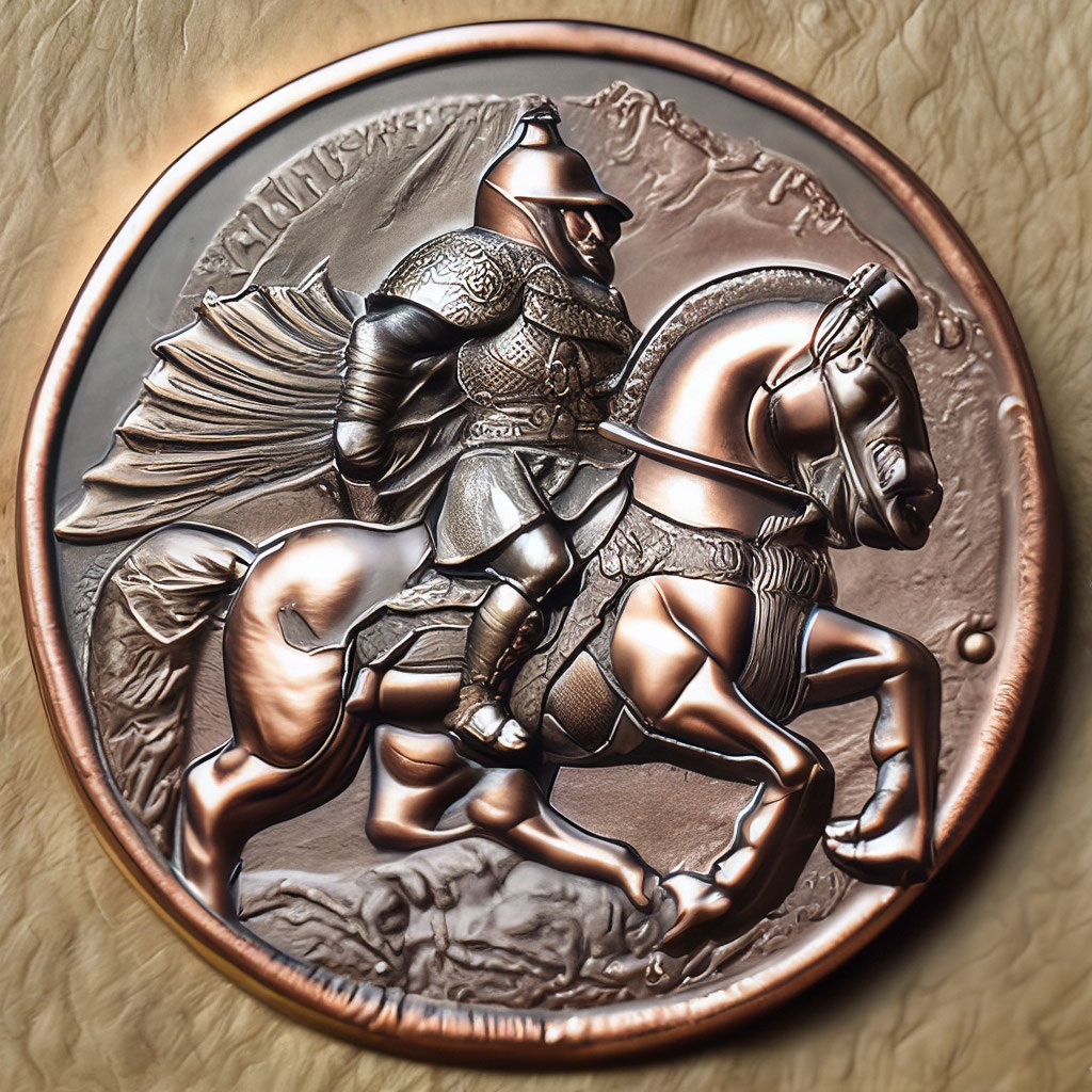 "Knight on horseback, high detail, copper coinage" — image created in ...