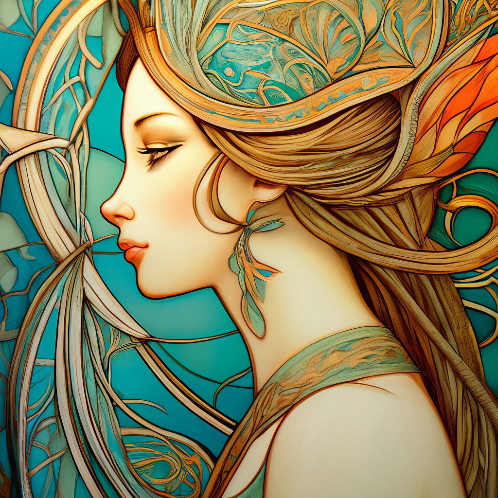 "A color drawing in the Art Nouveau style. girl in profile, natural ...