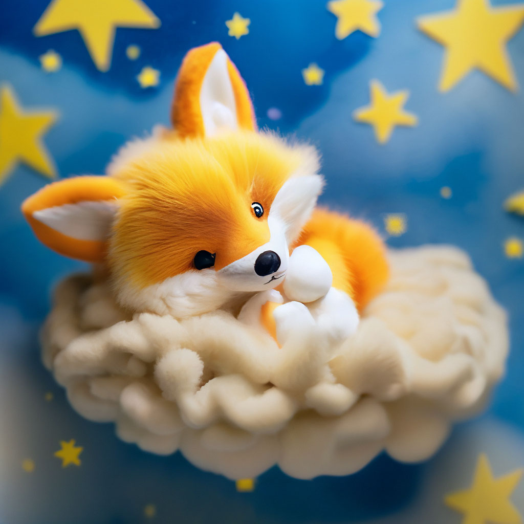 "A cute little blond toy fluffy fox cub with a sweet smile, sleeping on ...