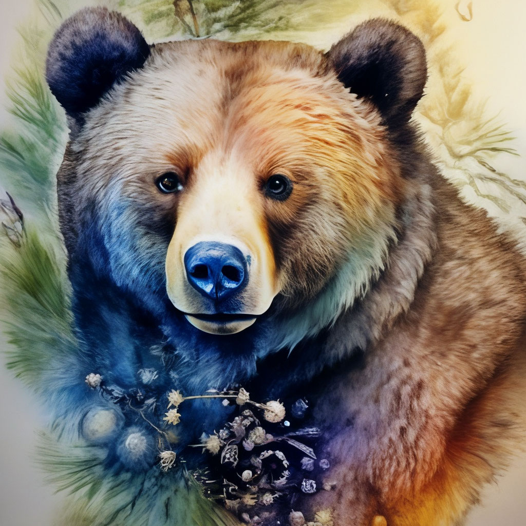 "New Year's bear, transparent watercolor,ink,clear contour,threads ...
