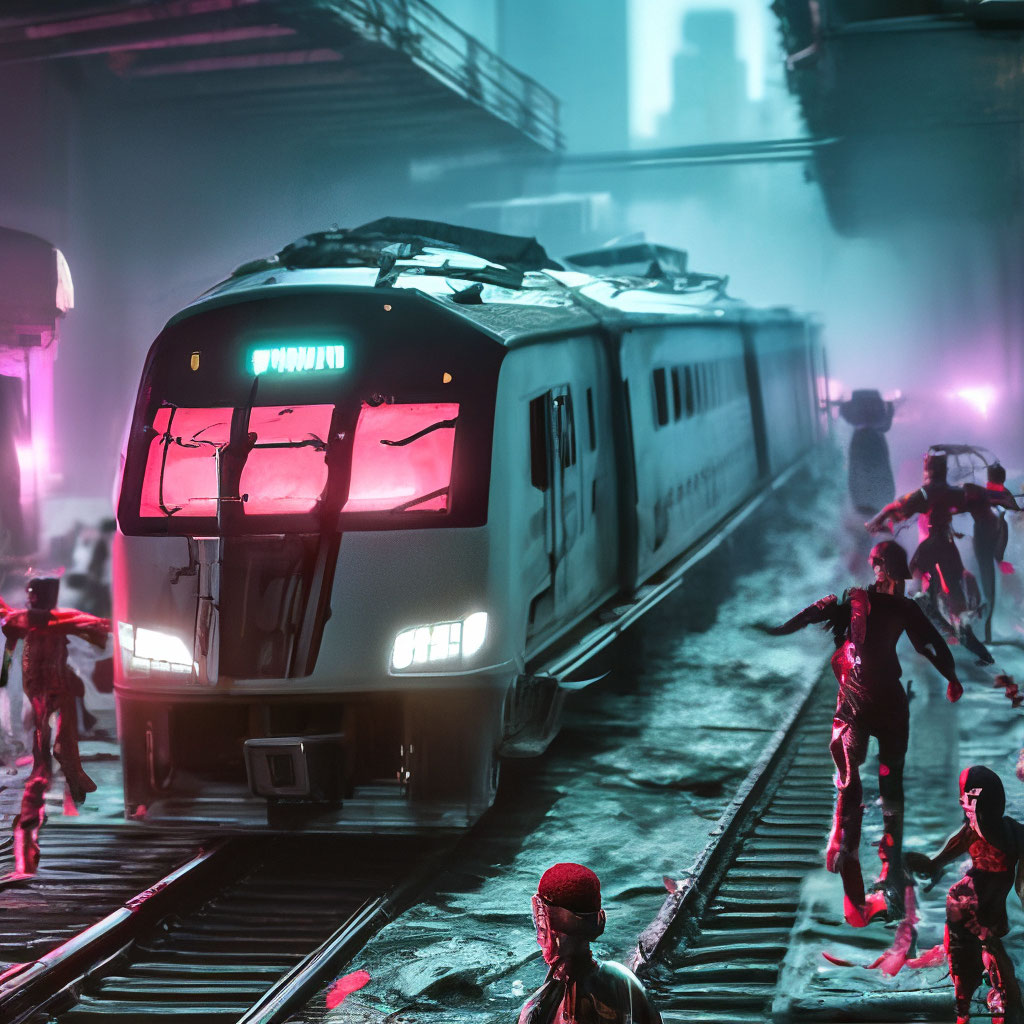 "Train escapes from cyberpunk zombies" — image created in Shedevrum