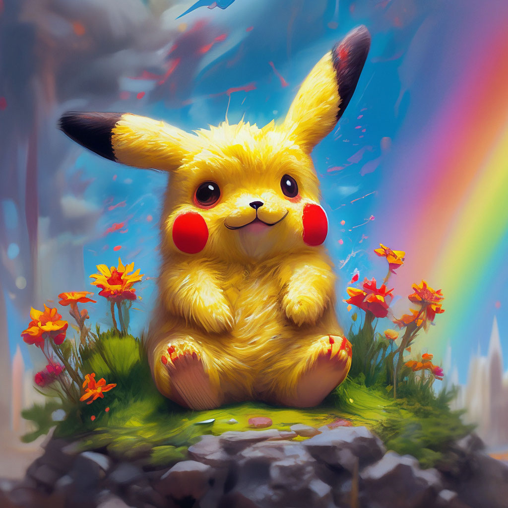 "Fluffy pikachu, sitting under a bush and looking at a rainbow ...
