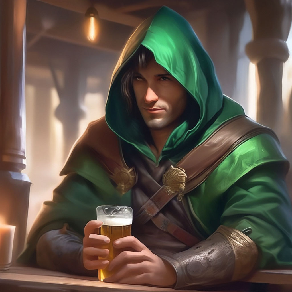 "Fantasy bard in a hood, dark green clothes, sitting at a table, a pint ...