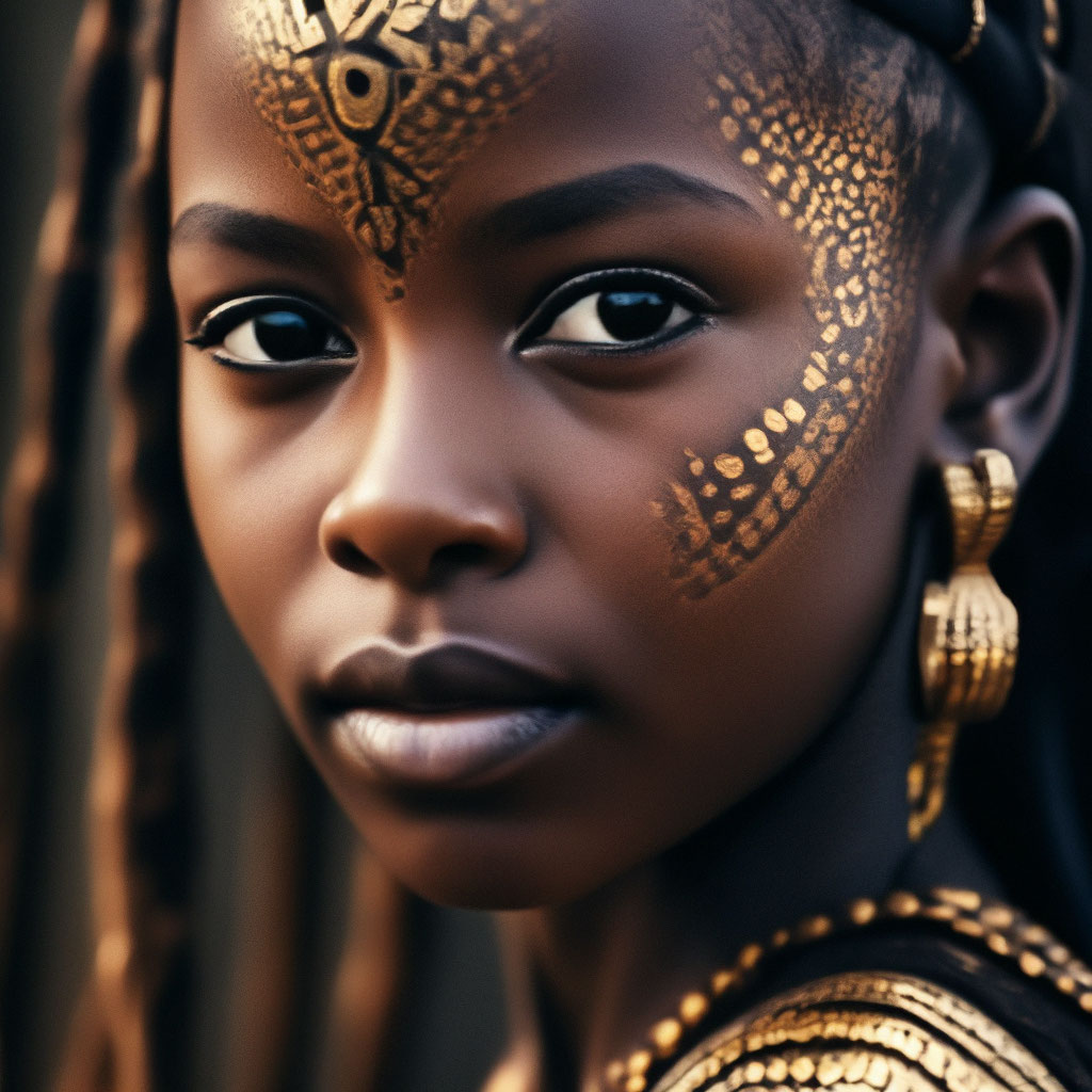 "Portrait photos of a girl from Africa, panther tribe, gold on black ...